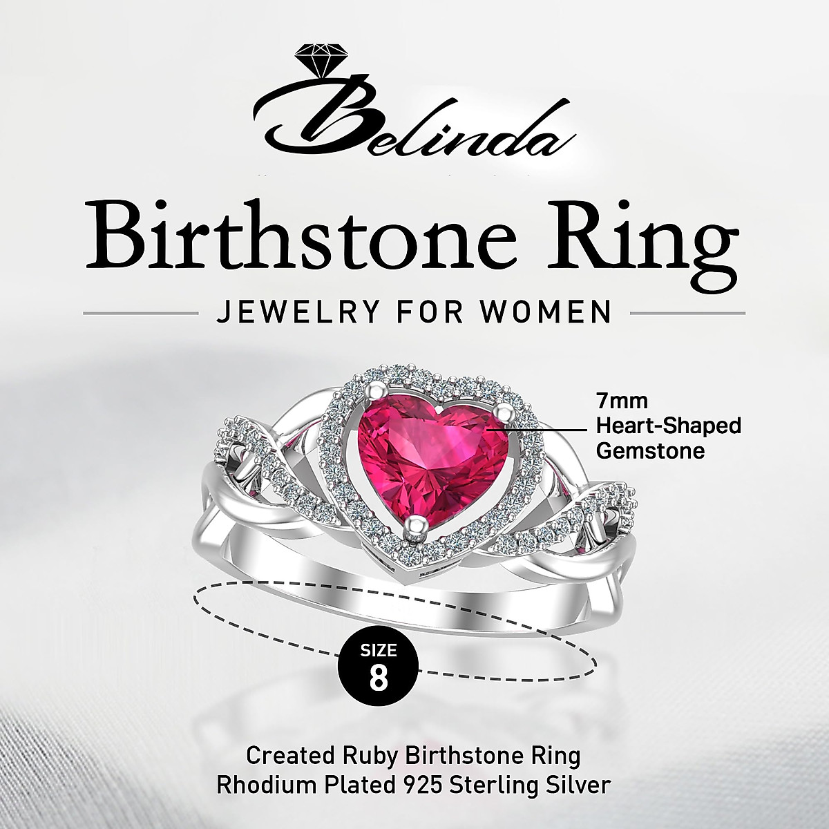 Belinda Jewelz - Heart Shaped Birthstone Ring, 7mm Cubic Zirconia Birthstone Rings for Women, 925 Sterling Silver Birthstone Rings, Promise Rings for Women, Created Ruby, Size 9