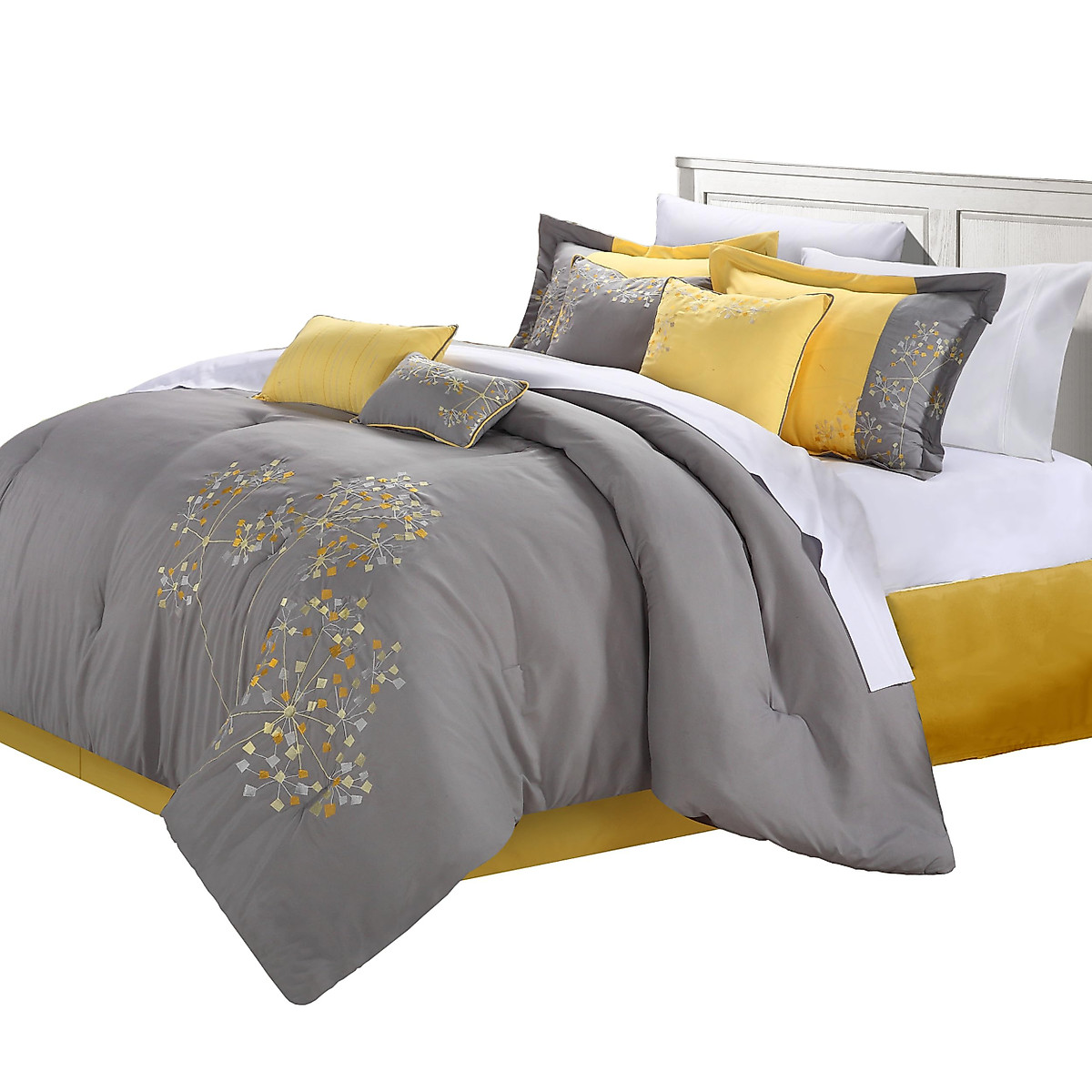 Chic Home 8-Piece Embroidery Comforter Set, Queen, Pink Floral Yellow
