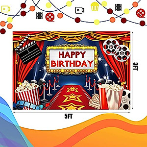 Movie Theme Party Decorations Include Large Fabric Backdrop Happy Birthday Background 5 x 3 Feet Movie Now Showing Banner 6 x 1 Feet for Movie Night with Rope