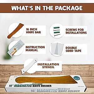 Magnetic knife holder for wall no drill - 16" Wooden knife magnetic strip no drilling option w/adhesive backing & drilling hardware | Magnetic knife strip | kitchen knife organizer rack -Dark Brown