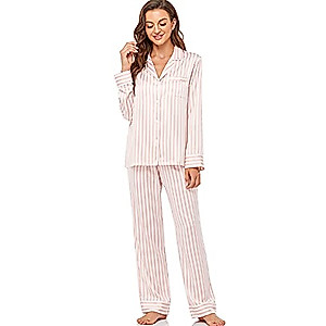 Serenedelicacy Women's Satin Pajama Set Long Sleeve Button Down Sleepwear 2-Piece Striped Silky Pj Set (Medium, Blush/Ivory, Stripe)