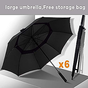 MRTLLOA 6 Pack 62/68 Inch Automatic Open Golf Umbrella, Extra Large Oversize Double Canopy Vented Windproof Waterproof Stick Umbrellas for Rain(62 Inch, Black)