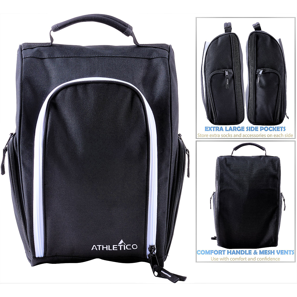 Athletico Golf Shoe Bag - Zippered Shoe Carrier Bags With Ventilation & Outside Pocket for Socks, Tees, etc. Perfect Storage (Black)