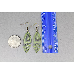 Olive Green earrings teardrop dangle lightweight oval filigree 2 1/4 inches long painted very lightweight