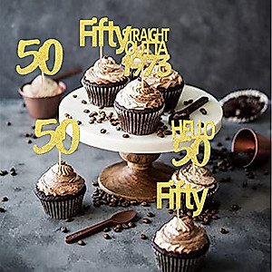 36PCS Happy 50th Birthday Cupcake Toppers Gold Glitter Fifty Hello 50 Straight Outta 1973 Cupcake Picks for Cheers to 50 Years Birthday Wedding Anniversary Party Cake Decorations Supplies