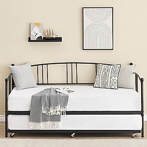 IDEALHOUSE Twin Daybed with Trundle, Metal Twin Size Daybed with Pullout Trundle 6 Casters, Steel Slat Support Sofa Bed for Living Room, Bedroom, Guest Room, No Box Spring Needed, Black