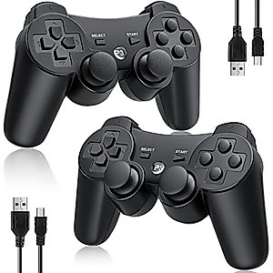 Controller 2 Pack for PS3 Wireless Controller for Sony Playstation 3, Double Shock 3, Bluetooth, Rechargeable, Motion Sensor, 360° Analog Joysticks, Remote for PS3, 2 USB Charging Cords, Black