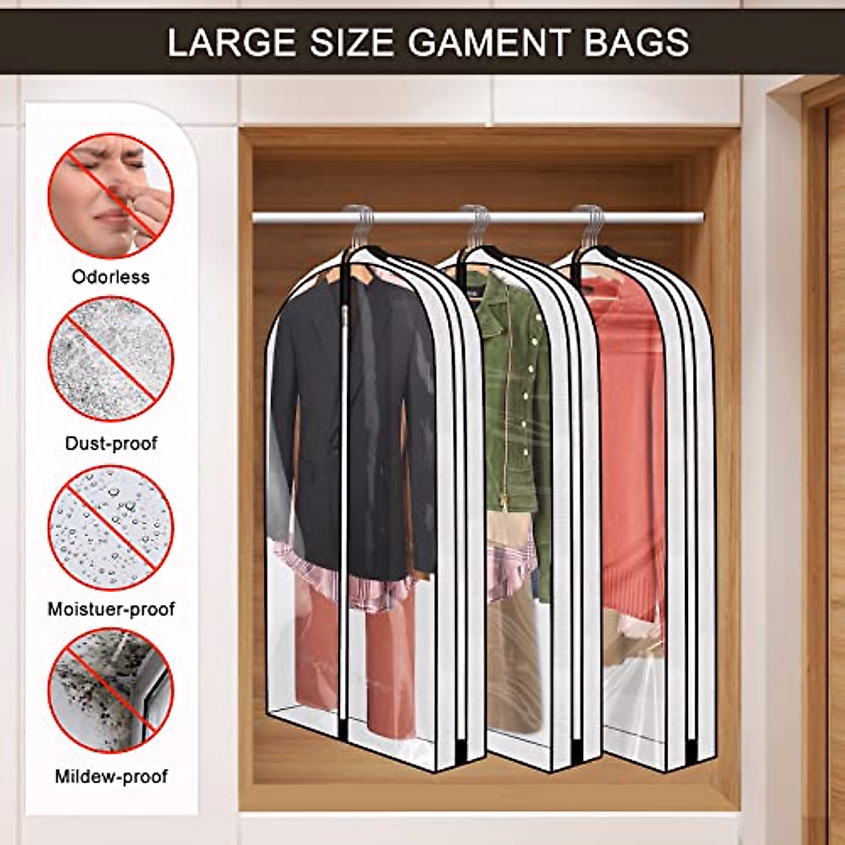 BiCINE 40" Garment Bags for Hanging Clothes, Clear Suit Bags for Closet Storage Travel with 2 Zippers, 4" Gusset Breathable Clothes Garment Cover for Coats Sweaters Shirts Dress (White, 3 Pack)