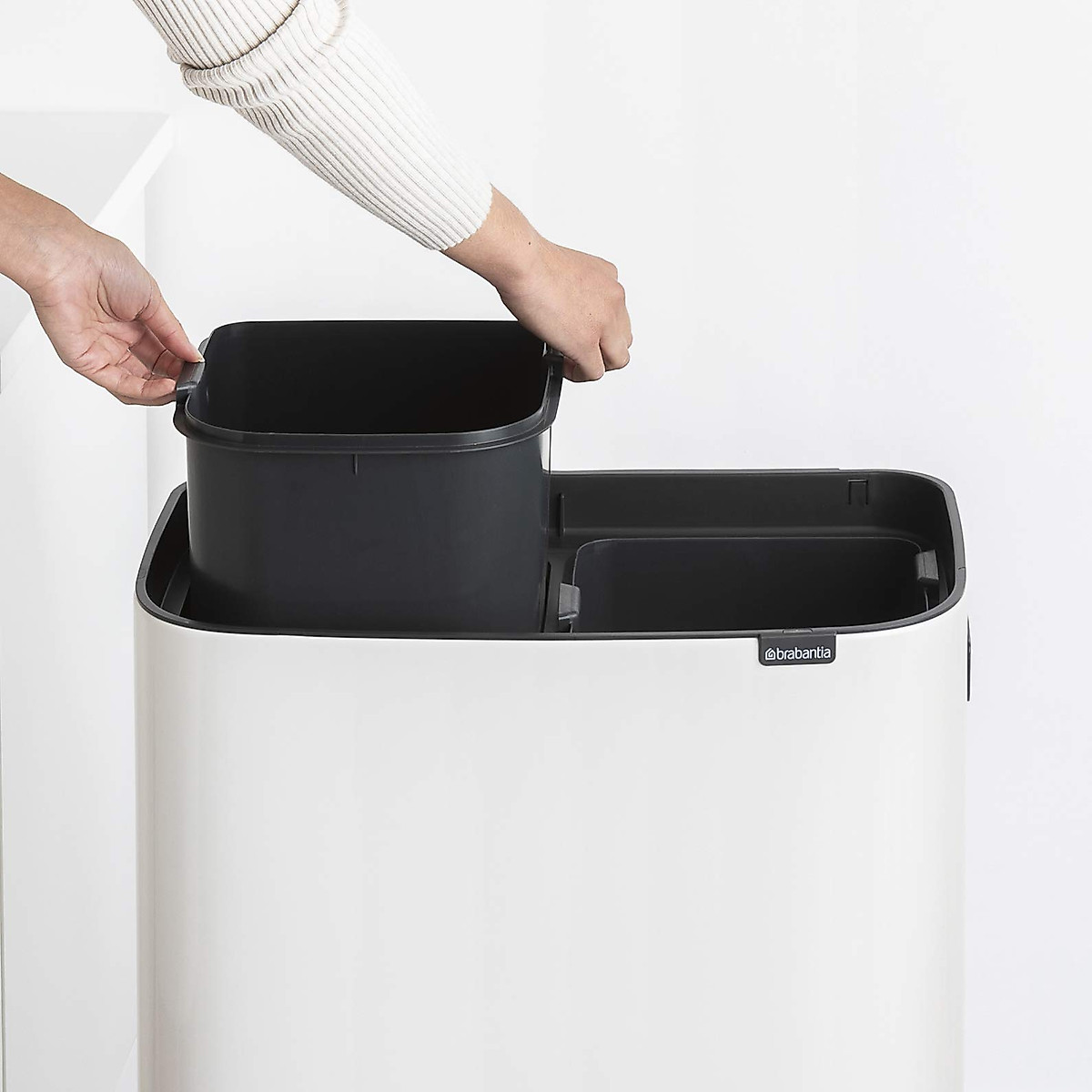 Brabantia Bo Hi Touch Top Trash Can - 2 x 8 Gal Inner Buckets (White) Waste/Recycling Garbage Can, Removable Compartments, Raised Legs