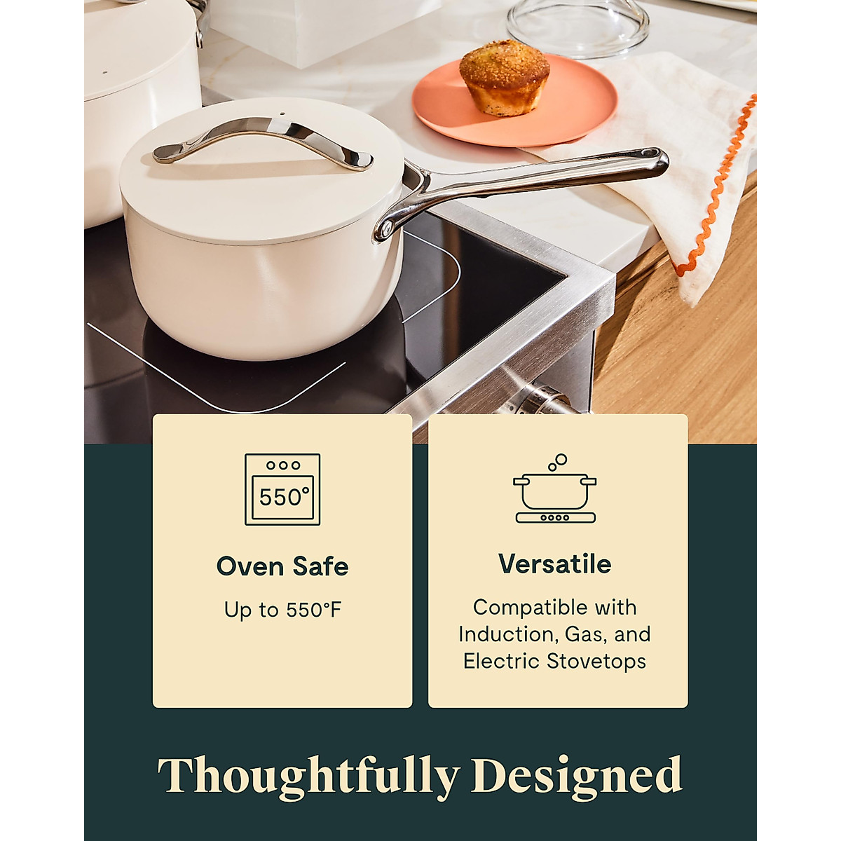 Caraway Nonstick Ceramic Sauce Pan with Lid (1.75 qt) - Non Toxic, PTFE & PFOA Free - Oven Safe & Compatible with All Stovetops (Gas, Electric & Induction) - Cream