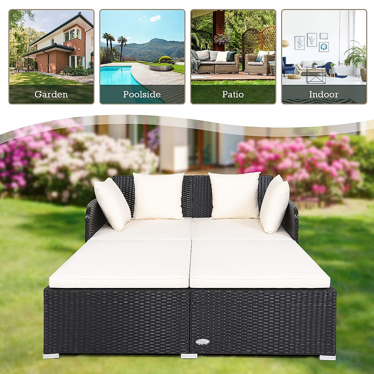 RELAX4LIFE Rattan Patio Outdoor Daybed, Wicker 2-Person Sunbed Loveseat with Soft Cushions, 4 Pillows, Curved Backrest & Armrest, Double Bed Lounger Sofa Set for Balcony Porch, Patio Bed (Beige)