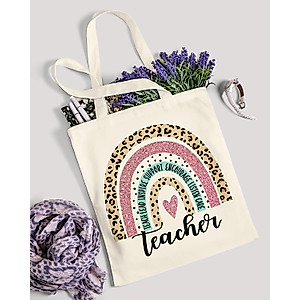 AUSVKAI Canvas Tote Bag Aesthetic for Women, Cute Trendy Teacher Rainbow Reusable Cloth Cotton Bags with Handle for Grocery School Shopping Beach