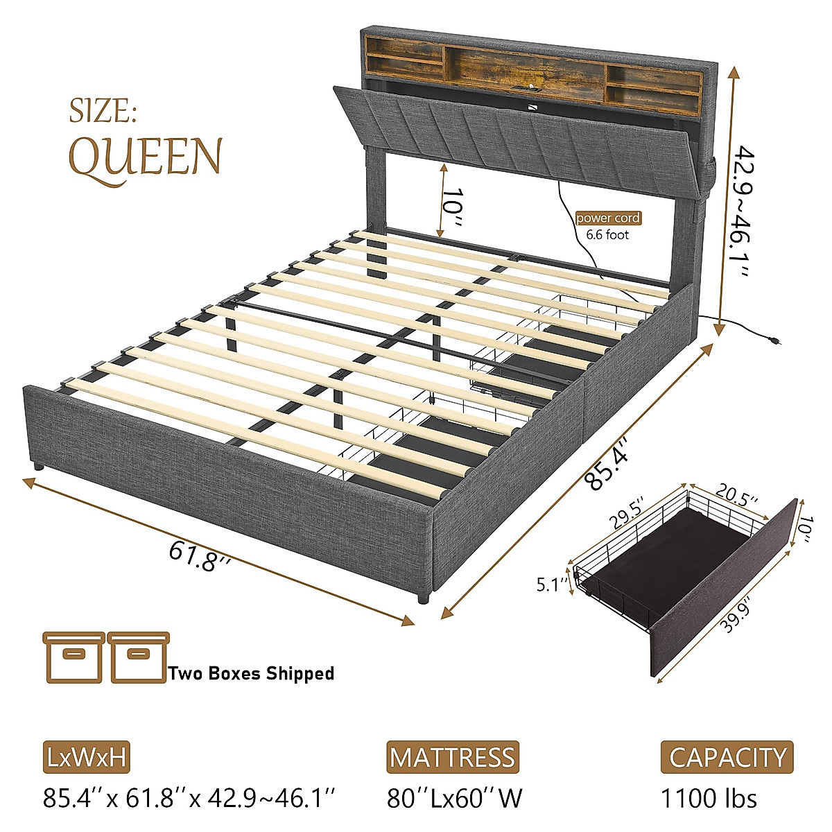 Queen Bed Frame with Tall Bookcase Headboard and Charging Station, LED Bed Frame with 2 Storage Drawers, Upholstered Mattress Foundation with Wooden Slats Support, No Box Spring Needed,Dark Grey
