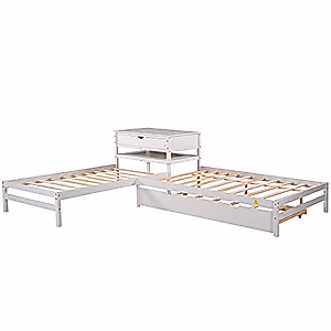 L-Shaped 2 Beds Twin Size & Full Size with Trundle Wood Platform Beds for 3 People Corner Bed Frames with Table for Kids Teens Adults, White