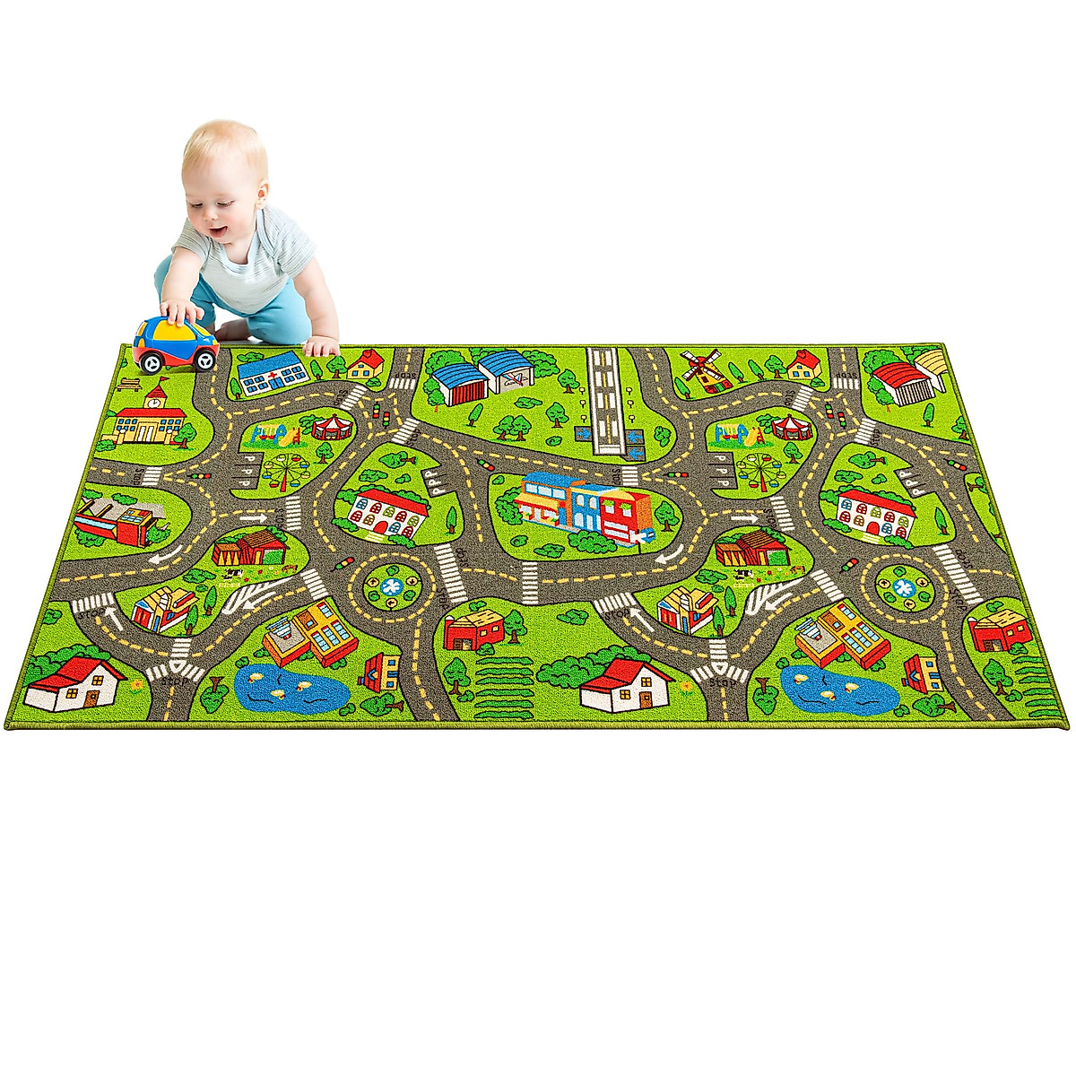Kids Carpet Playmat City Life 3D Playroom Rug | 30 x 60 Inch Extra Large Toddler Activity Mat for Race Cars & Toys | Playroom Rug Makes a Fun Educational Gift Idea for Boys & Girls (Green)