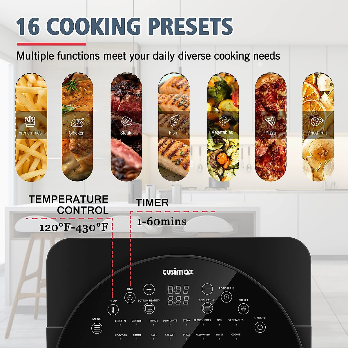 CUSIMAX Air Fryer Toaster Oven, 15.5 Quart Air Fryer Combo, 16-in-1 Air Fryer Toaster Oven, Large Convection Roaster with Rotisserie & Dehydrator, Rich Accessories, Digital Controls