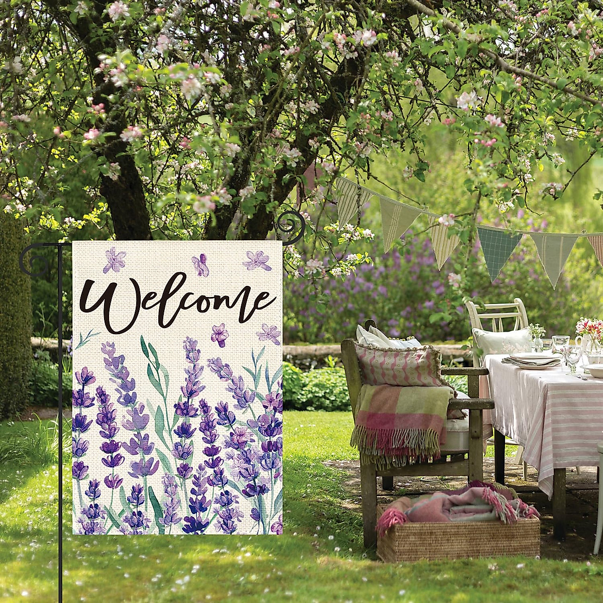 AVOIN colorlife Welcome Spring Lavender Garden Flag 12x18 Inch Double Sided Outside, Flower Seasonal Yard Outdoor Flag