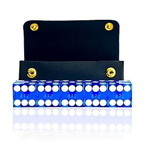 Luck Lab Grade AAA 19mm Casino Dice with Razor Edges and Matching Serial Numbers Set of 5 and Leather Dice Case, Blue