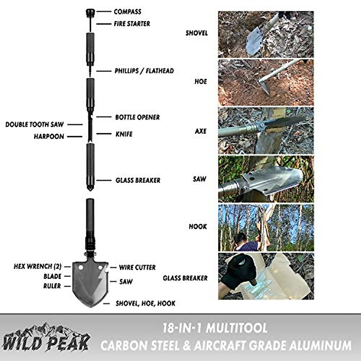 Wild Peak APEX1 18-in-1 Multitool Steel Emergency Shovel with Carrying Pouch for Survival, Military, Camping, Hiking, Climbing, Bug-Out Bag, Backpacking (Black)