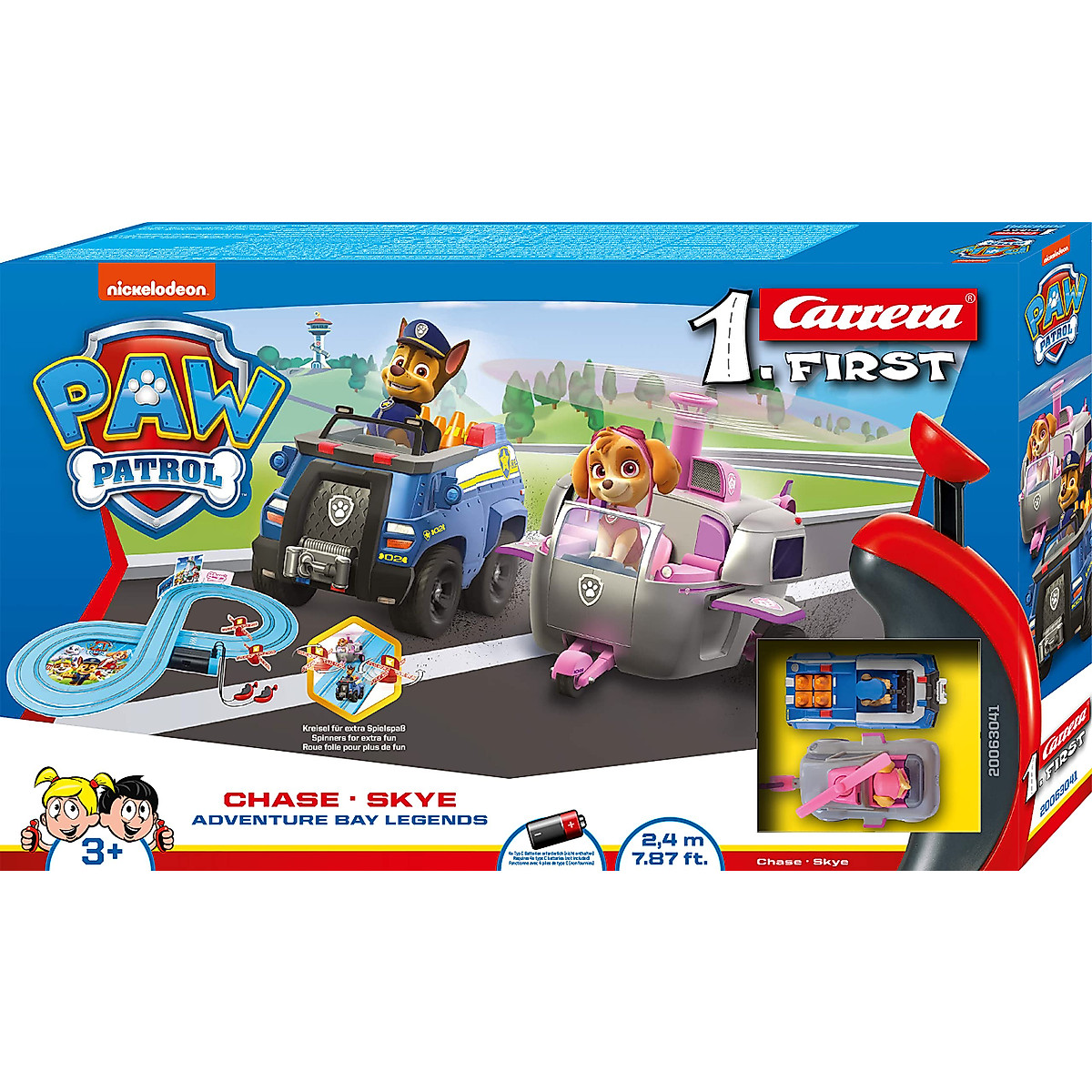 Carrera First Paw Patrol - Slot Car Race Track - Includes 2 Cars: Chase and Skye - Battery-Powered Beginner Racing Set for Kids Ages 3 Years and Up,