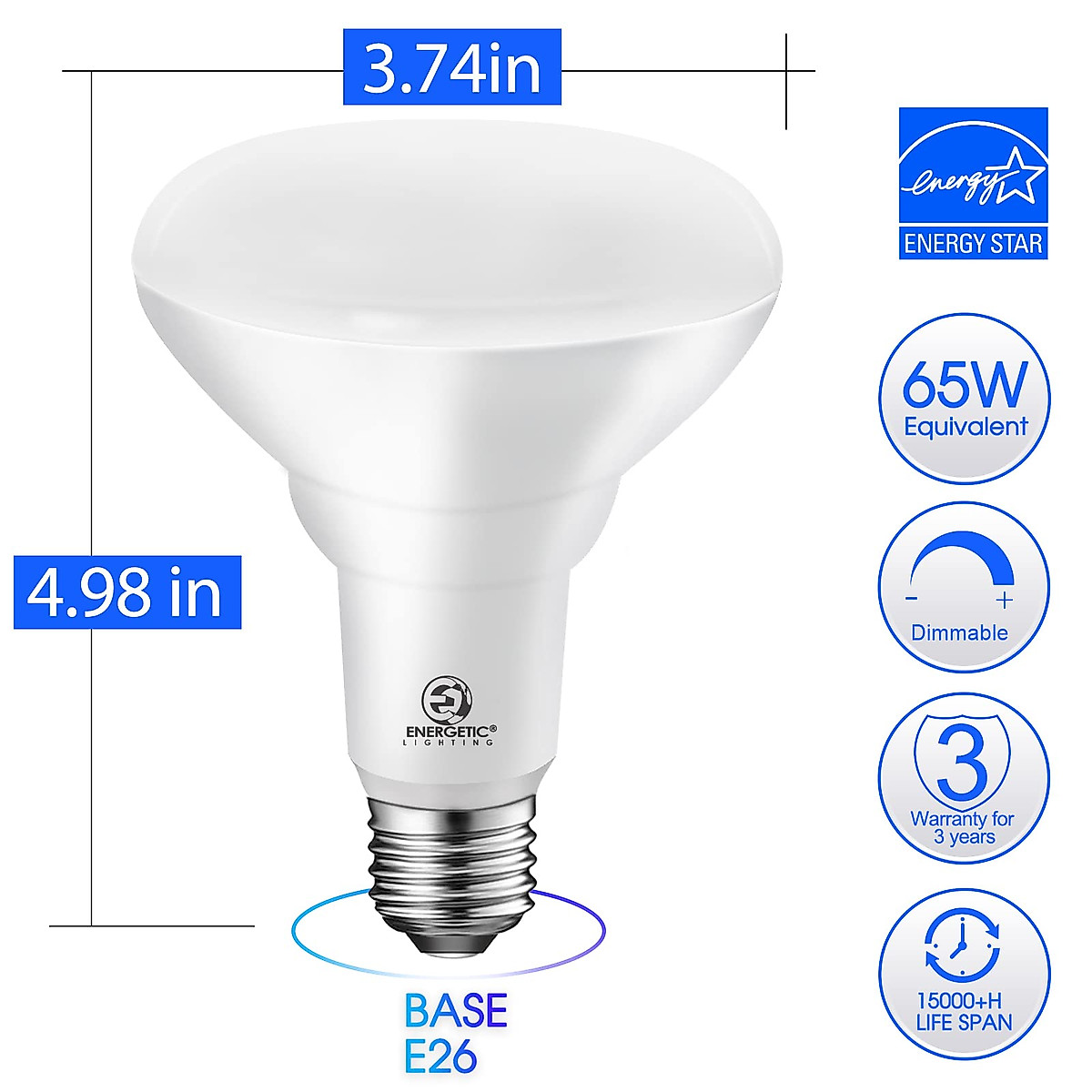 Energetic [Energy Star] LED BR30 Flood Light Bulbs Indoor, Daylight 5000K, Dimmable, 65 Watts Recessed Light Bulbs for Cans, 750 Lumens, UL Listed, 6 Pack