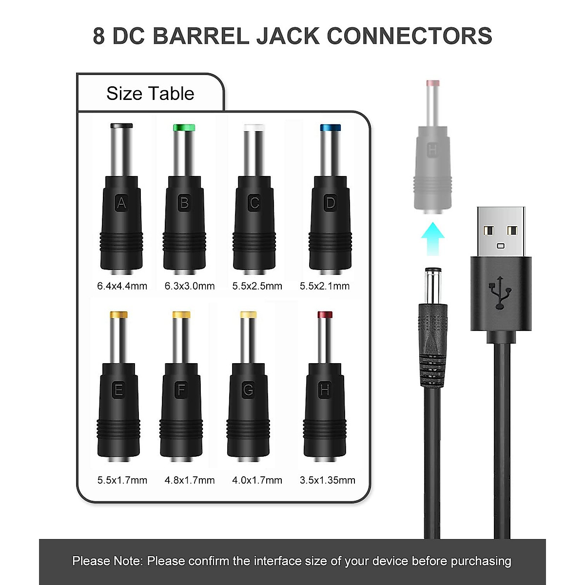 5V DC Power Cable, USB to DC 5.5x2.1mm Plug Charging Cord with 8 Connectors Adapters fit for Speaker, Router, LED Light, Moon Lamp and More 5Volt 3Amp Electronics
