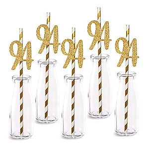 94th Birthday Paper Straw Decor, 24-Pack Real Gold Glitter Cut-Out Numbers Happy 94 Years Party Decorative Straws