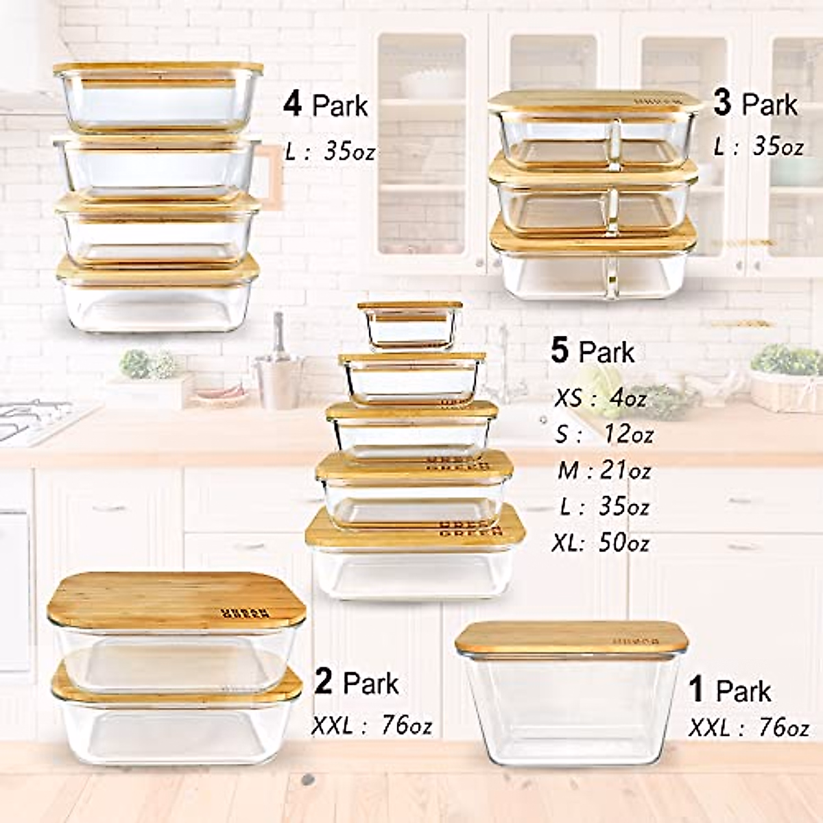 Urban Green Glass Container with Wood Lid, Glass food storage Container with Lids, Glass Meal Prep Containers Set, Glass Containers set (Natural-Bamboo-1p)