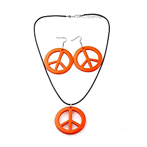 Colorful Love Peace Symbol Pendant Necklace Earrings Set Long Hippie Halloween Rainbow for Women Men 1960s 1970s Party Hipster Accessories-Orange Necklace Set