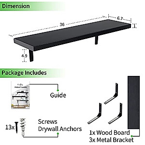 Floating Shelves, Solid Wood Wall Shelves for Bedroom Decor, 36 Inch Black Wooden Shelves for Bookshelf, Wall Mounted Long Floating Shelves, Decoration for Bathroom Bedroom Kitchen Garage and Plants