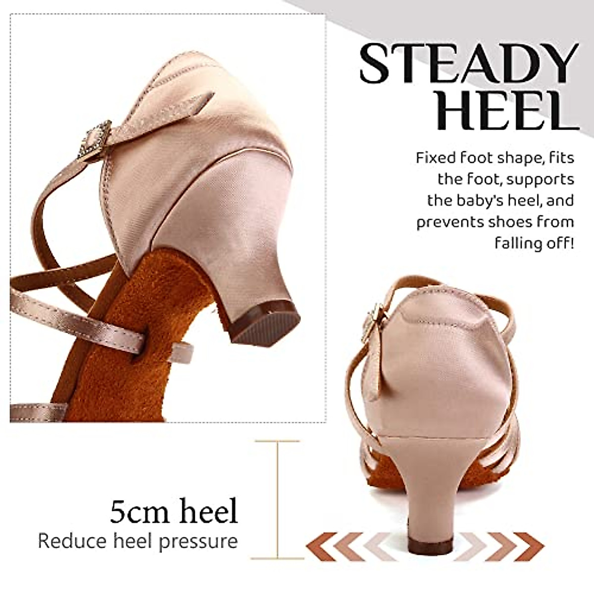 JUODVMP Women's Ballroom Latin Salsa Shoes Satin 5-Straps Braided with Suede Sole Heels,8 US