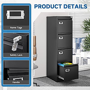 BYNSOE 4 Drawer File Cabinet with Lock Metal Vertical File Cabinet Office Home Vertical File Cabinet for A4 Legal/Letter Size Narrow File Cabinet Locked,Assembly Required (Black, 4 Drawers- Vertical)