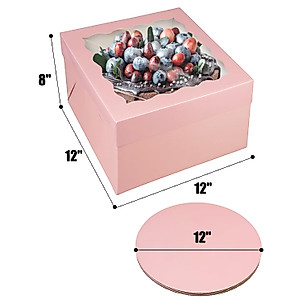 Bakepacker 36pcs 12x12x8 Inches Cake Boxes with Window 18-Packs Pink Cake Boxes 12 Inch Bakery Boxes (18 Cake Boxes +18 Cake Boards Included)