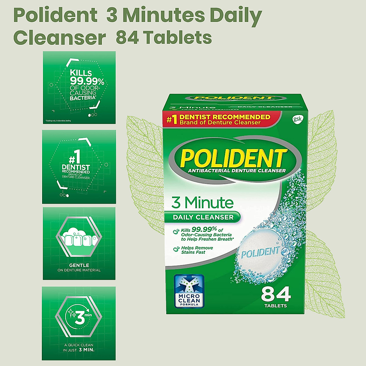 Polident 3 minutes Denture Cleaner 84 Tablets Bundle Dentu-Care Denture Case and Brush | Easy To Maintain Good Clean Full/Partial Dentures Mouthguards | No More Spongy Painful Gums