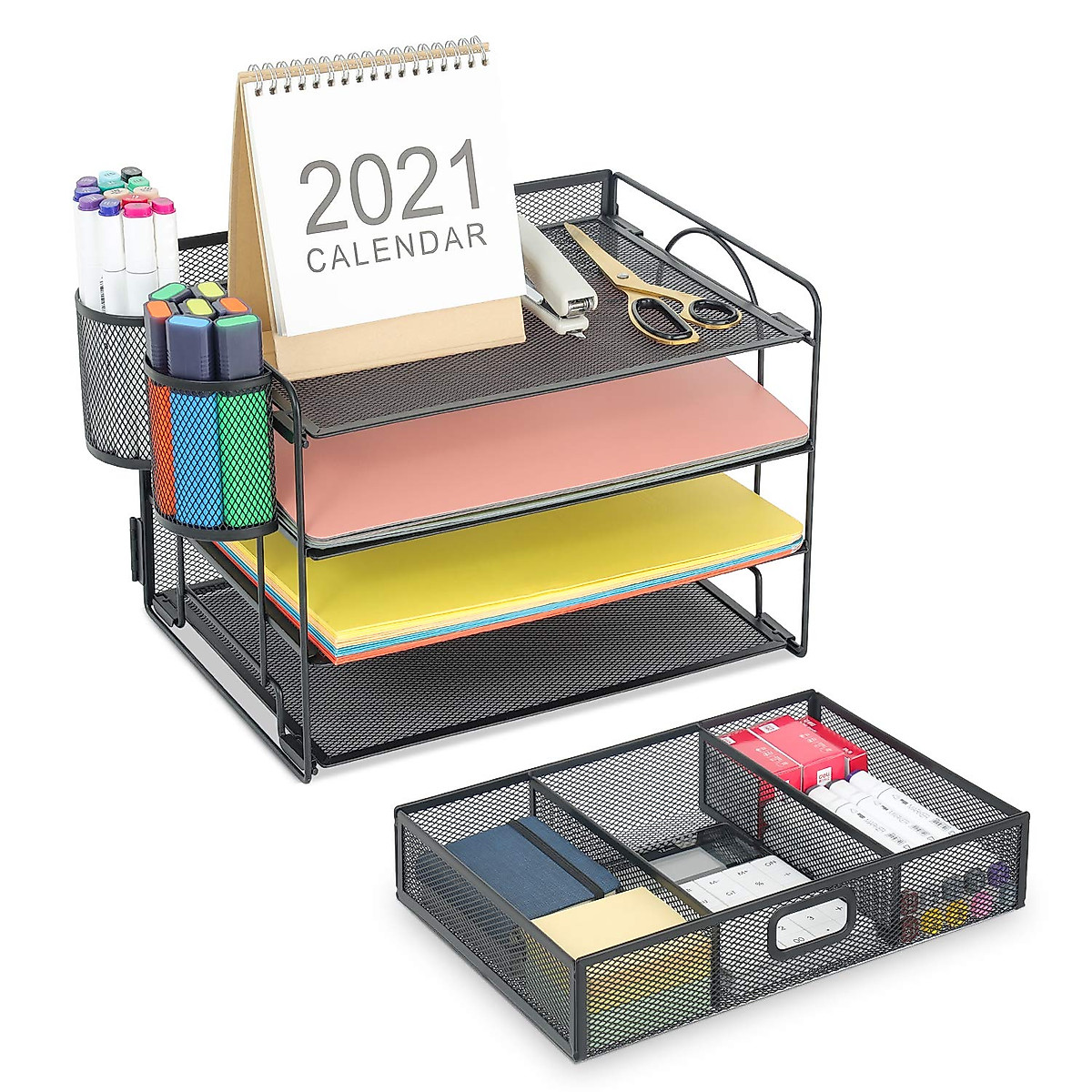 Marbrasse 4-Trays Desktop File Organizer with Pen Holder | Paper Letter Tray with Drawer and 2 Pen Holder | Mesh Office Supplies Desk Organizer for Home Office (Black)