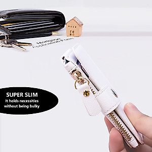 M-Plateau Off white Keychain Wallet, Wallet Women with Circle Coin Purse Keychain and Zipper Card Case,Trifold Leather wallet with ID Window Gift For Women (White)