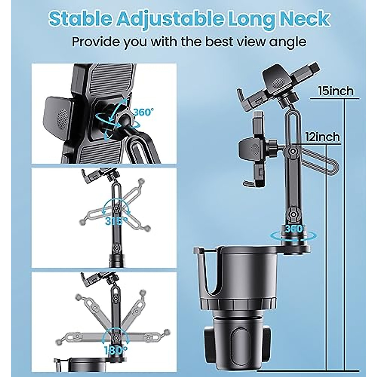 Cup Holder Phone Mount for Car, Adjustable Height Long Neck Cell Phone Cradle with Expandable Base, Car Truck Interior Accessories Compatible with iPhone Samsung Most Smartphones and Drink Bottles