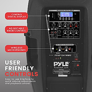 Pyle Wireless Portable PA Speaker System-Compatible with Bluetooth,Active Loudspeaker,1000 Watt Powered 2-Way Waterproof Amplifier, 12” Subwoofer, Tweeter, RCA, XLR, Mic In for Dj & Party-PPHP1241WMU