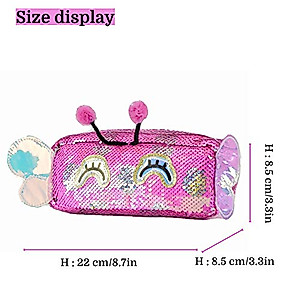 Cute Pencil Case for Kids & Sequin Cosmetic Brush Bag for Women，Reversible Glitter Handbag Makeup Organizer Purse，Travel Storage Pouch (Rose Red Butterfly)