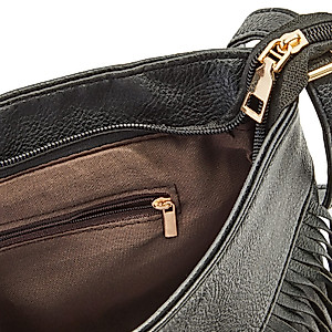 Zodaca Black Fringe Purse for Women, Faux Leather Hippie Crossbody Bag (10.5 x 1.5 x 7.8 In)