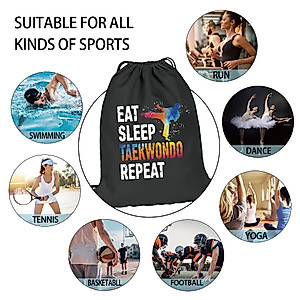 Pishovi Eat Sleep Taekwondo Repeat Drawstring Waterproof Backpack, Taekwondo Sports Bag for Man Women, Taekwondo Player Gifts, Gift for Taekwondo Lover
