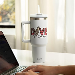 Love in Faith | Stainless Steel 40oz Tumbler with Handle | Vacuum Insulated | Faith-Based Christian Gifts | Christmas | Love Like Jesus Grey