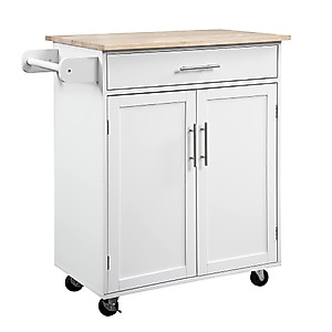 HOMCOM Kitchen Island Cart Rolling Trolley Cart with Drawer, Storage Cabinet & Towel Rack, White