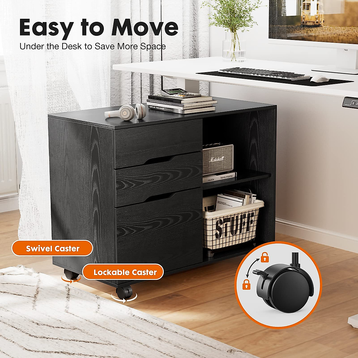 NEWBULIG 3-Drawer Mobile Cabinet Wood Lateral Filing, Printer Stand with Open Adjustable Storage Shelves and Wheels for Home Office, Black