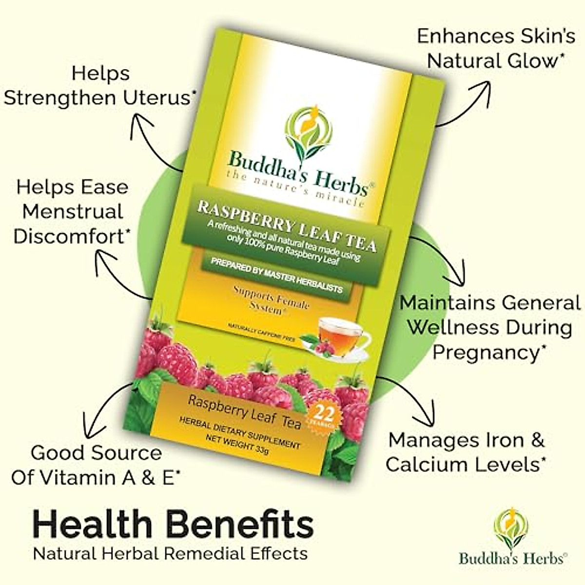 Buddha's Herbs Raspberry Leaf Tea, No Caffeine Tea, Pack of 2, 44 Tea Bags