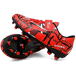Rhyme-Zeal Kids Soccer Cleats Shoes Boys Girls Athletic Outdoor Indoor Firm Ground Soccer Shoes Comfortable Outdoor Football Shoes Red