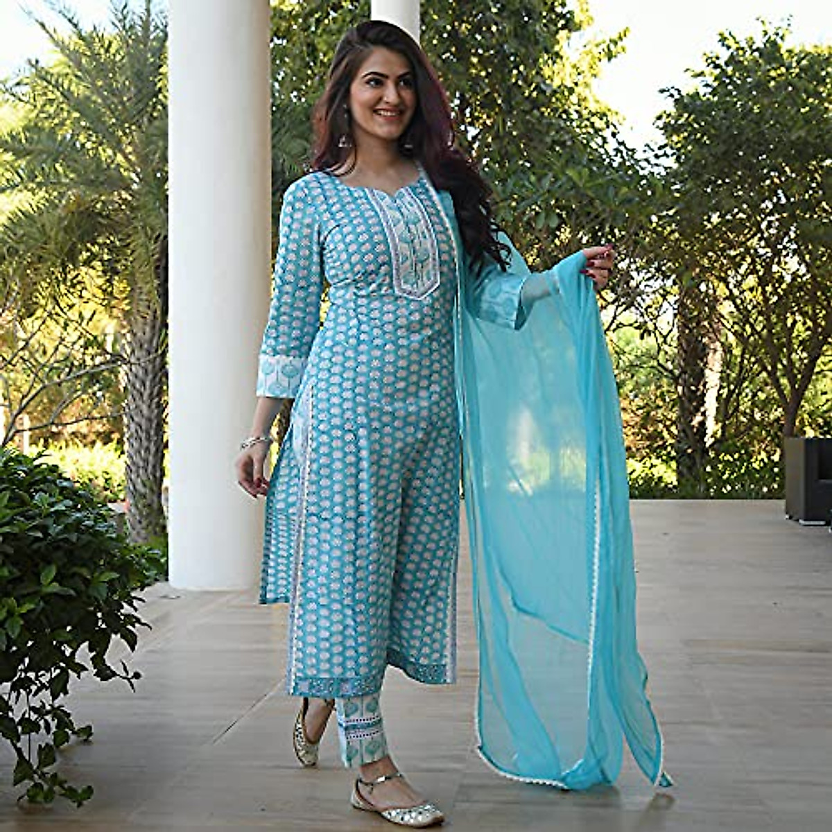 Arayna Women's Cotton Printed Straight Kurti Palazzo Pants Set With Dupatta, Blue, XX-Large