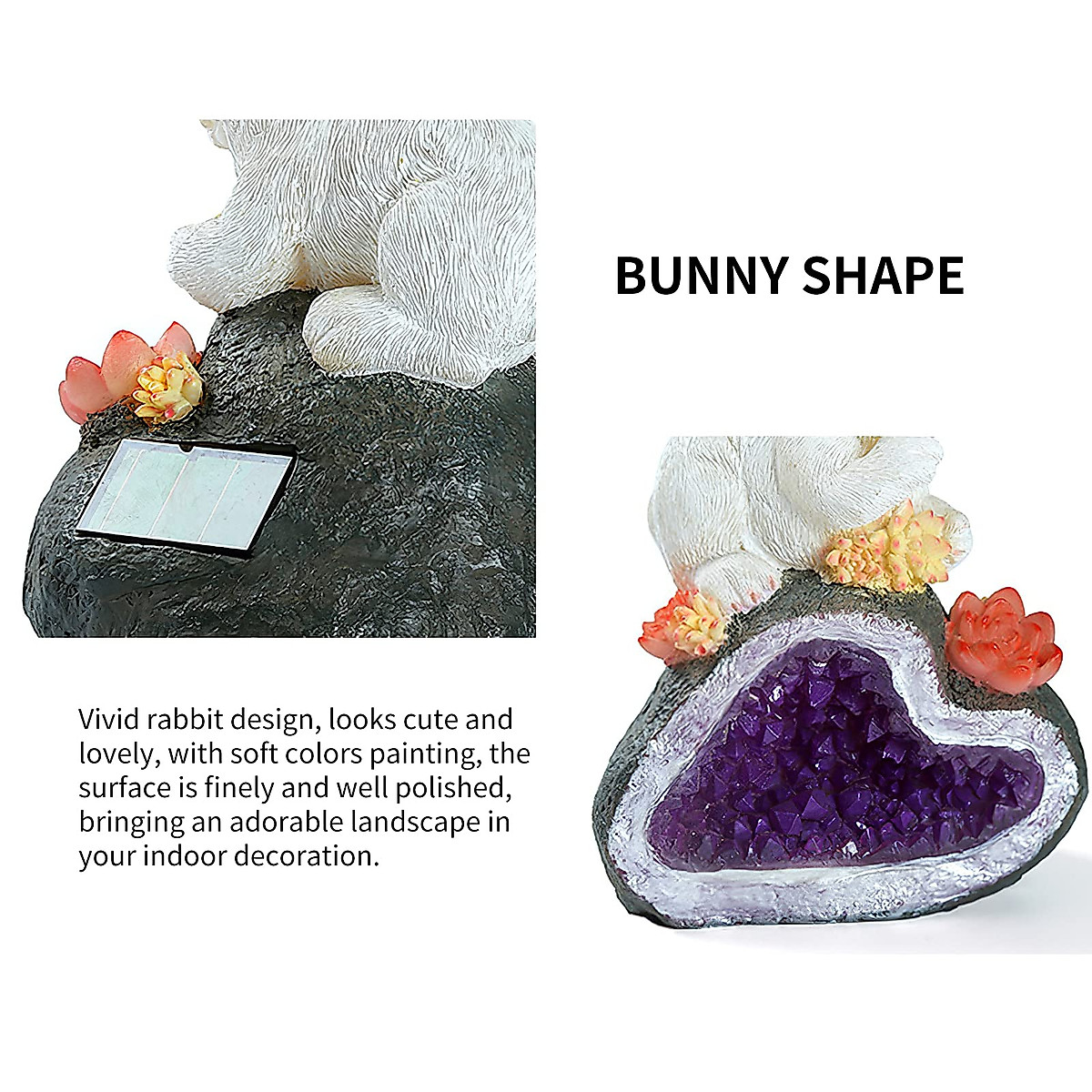 Resin Rabbit Ornament Solar Powered Bunny Statue Lamp Adorable Rabbit Figurine Decorative LED Lawn Light Lovely Art Decor Sculpture for Garden Patio Lawn Desktop Home Office