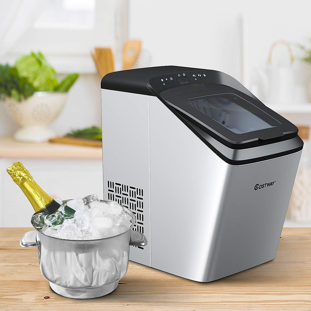 COSTWAY Countertop Ice Maker, 33LBS/24H Portable and Compact Ice Machine with Self-cleaning Function, Bullet Ice Cubes Ready in 7 Mins, Include Ice Scoop and Basket, Soinc Ice Maker for Indoor Use, RV