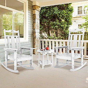 LOENIY HDPE Outdoor Rocking Chair Set of 2, All Weather Resistant Patio Rocker Chair with 350 lbs Heavy Duty, High Back Oversized Rocking Chair for Adult in Porch, Ergonomic Seat (White)